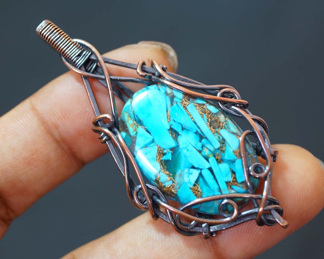 Custom Wire Wrapped Pendant Turquoise Wire Wrap Copper Pendant Copper ...