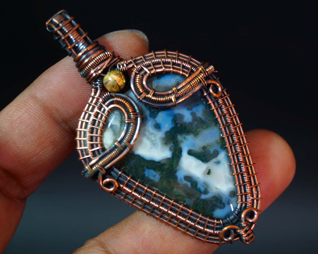 Moos Agate Copper Pendant Copper Wire Wrap Handmade Jewellery Agate ...