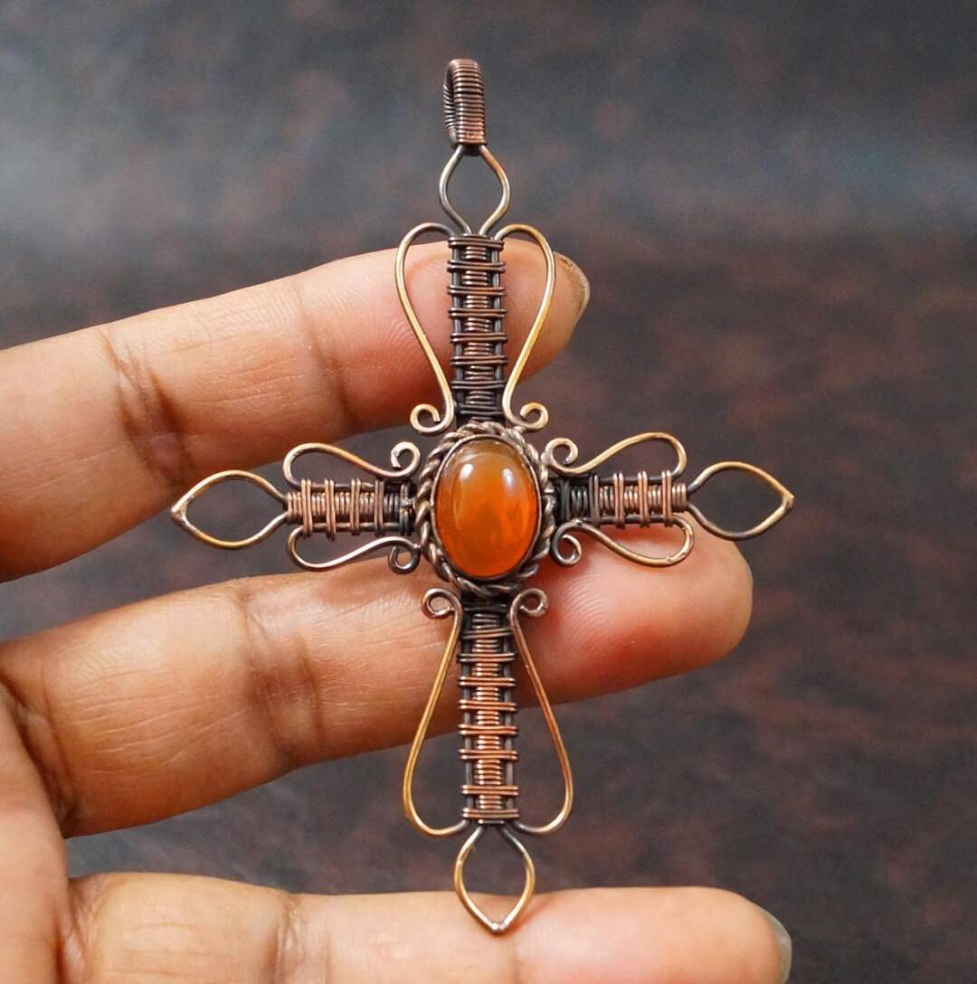 Handmade Onyx Copper Wire Wrapped Cross Pendant, Unique Style Copper ...