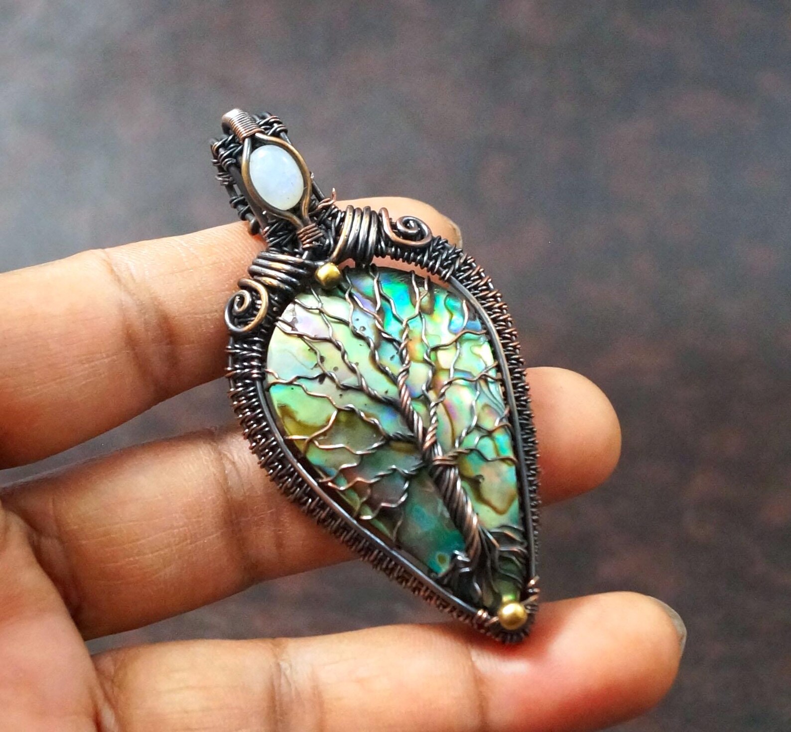 Abalone Shell Tree of Life Pendant, Copper Wire Wrapped Moonstone ...