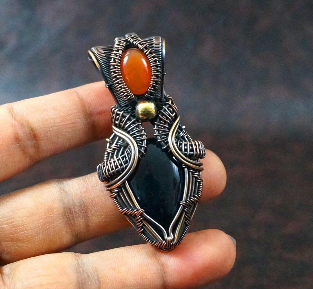 Handmade Black Onyx Gemstone Tree of Life Copper Pendant: Wire Wrapped ...