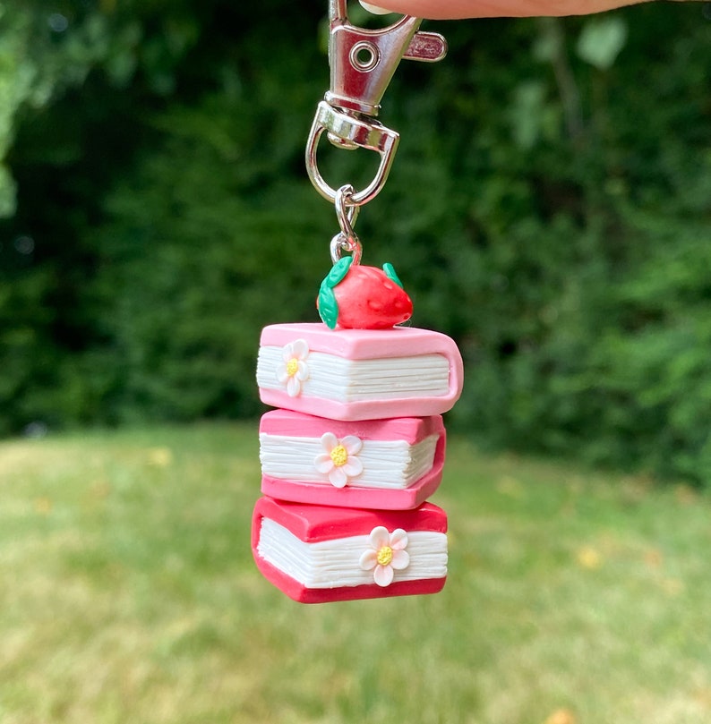 Strawberry Bookstack Polymer Clay Keychain Gift Idea for Book Lovers Cute Idea Handmade ...