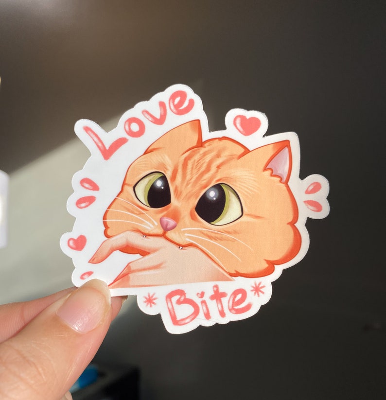Orange Cat love Bite Sticker Glossy Vinyl Silly Cat Stickers Cute ...