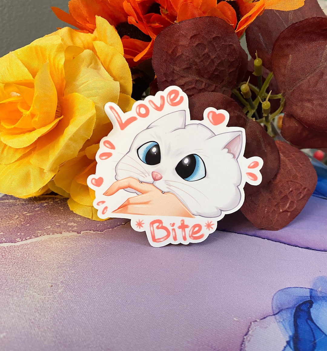 White Cat “love Bite” Sticker | Glossy Vinyl | Silly Cat Stickers ...