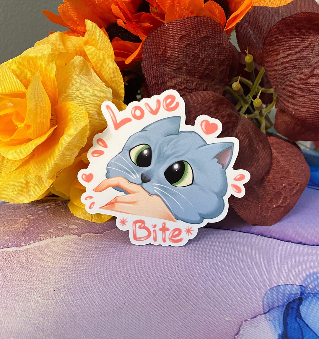 Gray Cat “love Bite” Sticker | Glossy Vinyl | Silly Cat Stickers | Cute ...