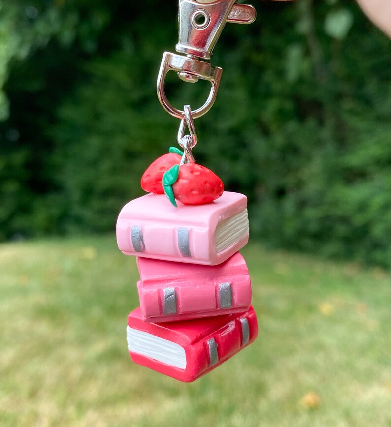Strawberry Bookstack Polymer Clay Keychain Gift Idea for Book Lovers Cute Idea Handmade ...