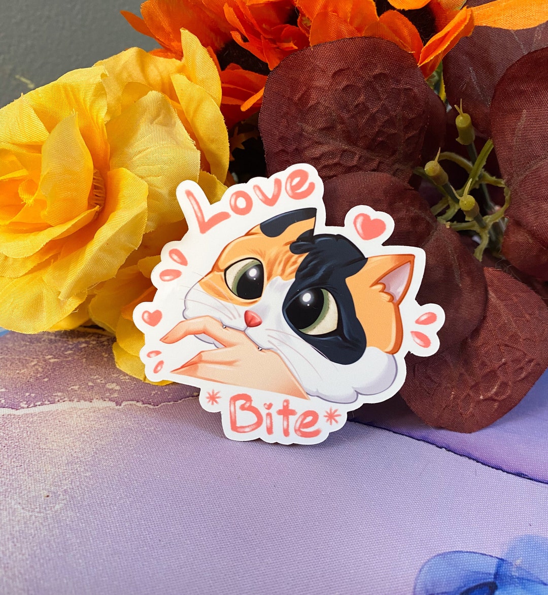 Calico Cat Sticker “love Bite” | Glossy Vinyl | Silly Cat Stickers ...