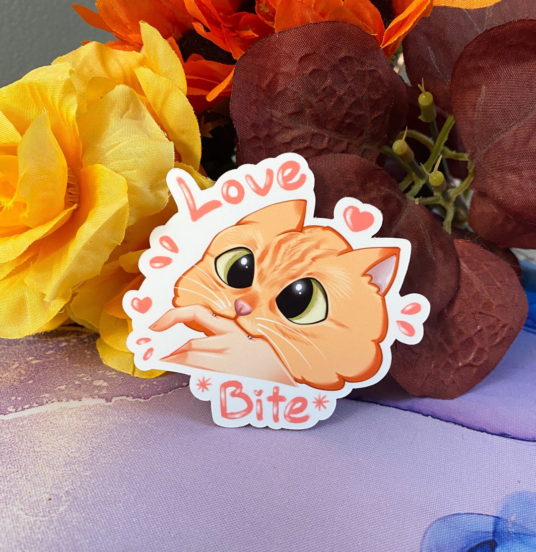 Orange Cat love Bite Sticker Glossy Vinyl Silly Cat Stickers Cute ...