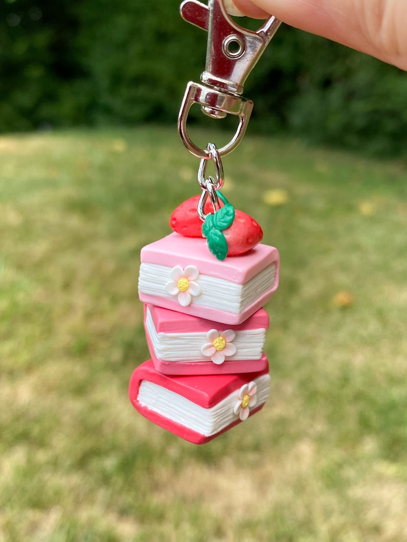 Strawberry Bookstack Polymer Clay Keychain Gift Idea for Book Lovers Cute Idea Handmade ...