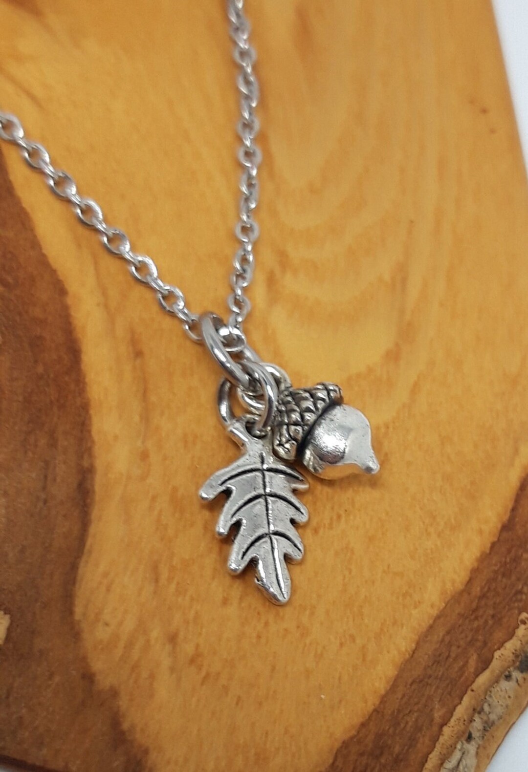 Tiny Oak Leaf & Tiny Acorn Duo Pendant Necklace Stainless Steel Chain ...