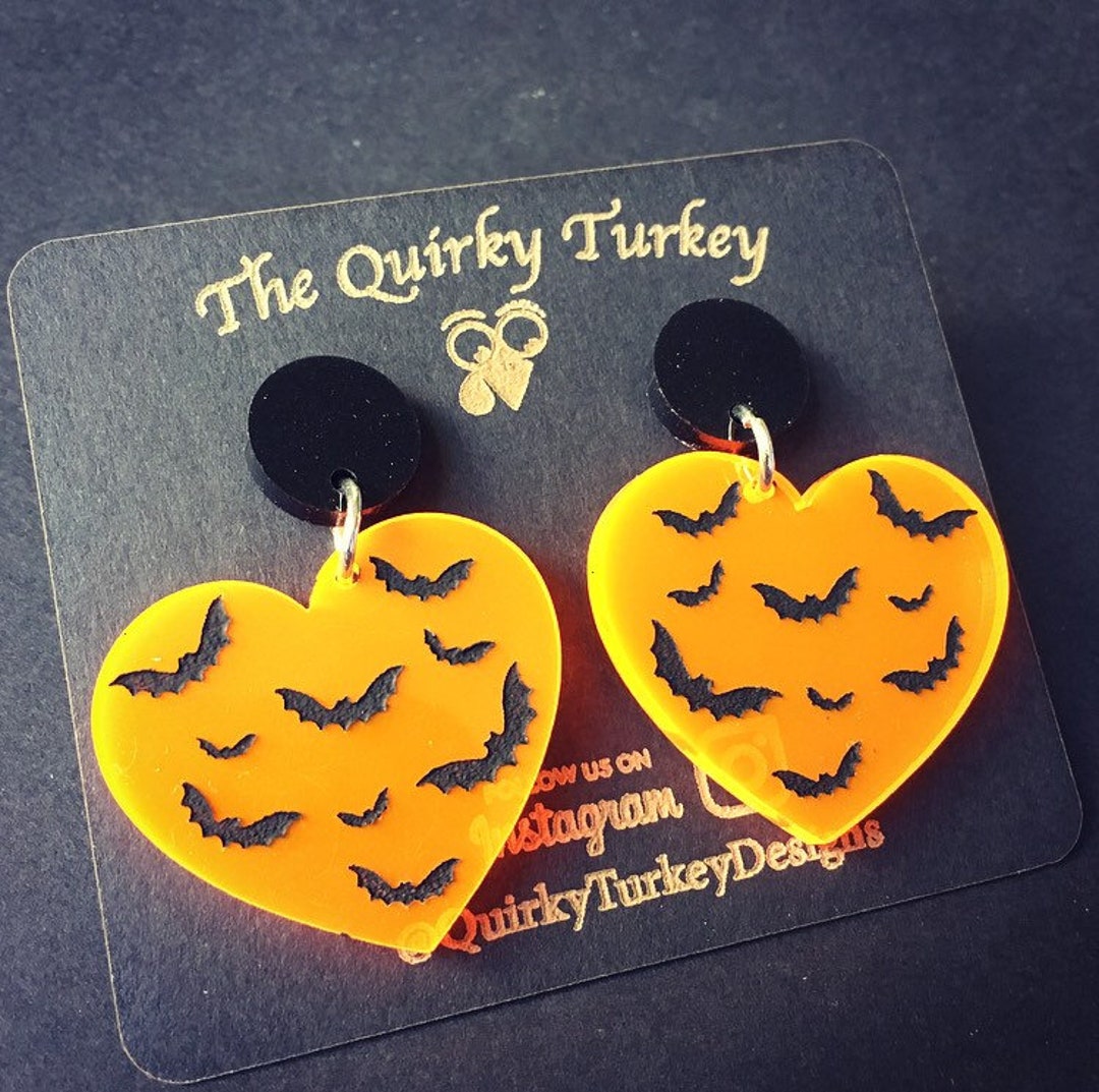 Fluorescent Orange Bat Heart Earrings - Etsy
