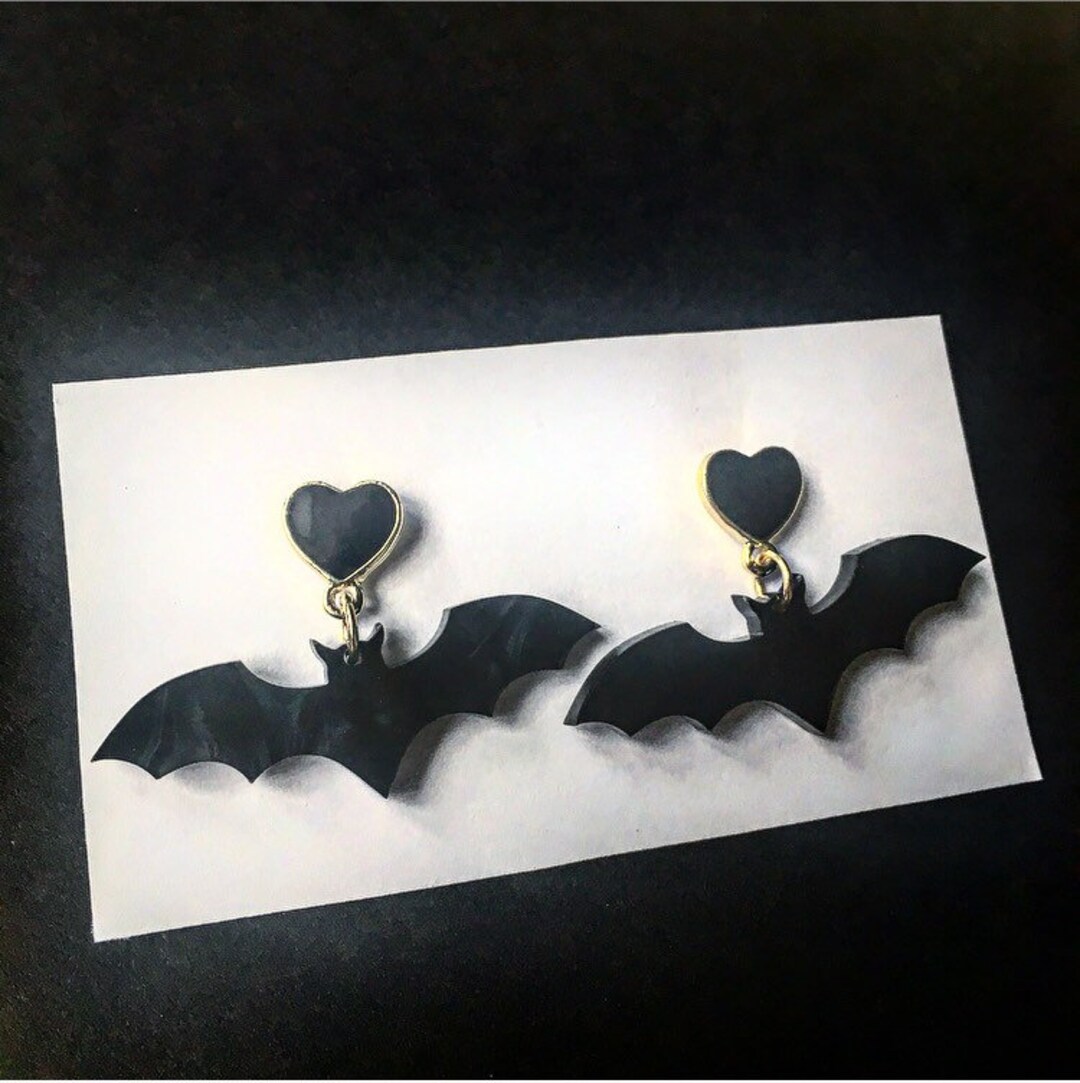 Black Enamel Heart Bat Earrings - Etsy