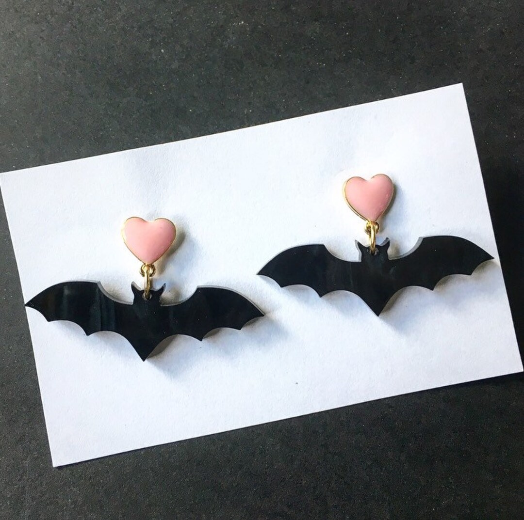 Pink Enamel Heart Black Bat Earrings - Etsy