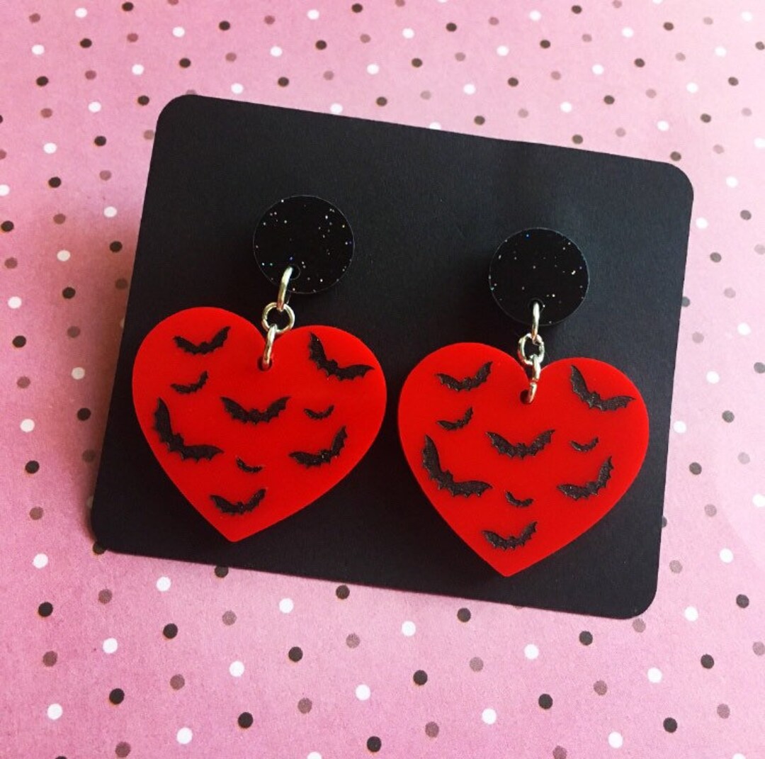 Red Heart Bat Earrings - Etsy