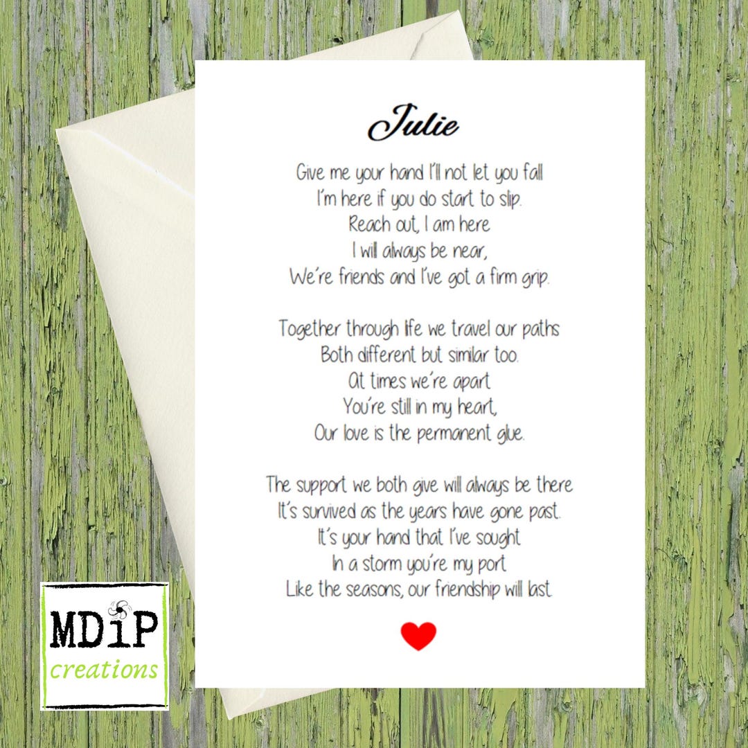 Friend Poem Card Personalised, Poem Card for Friend, Friend Birthday ...