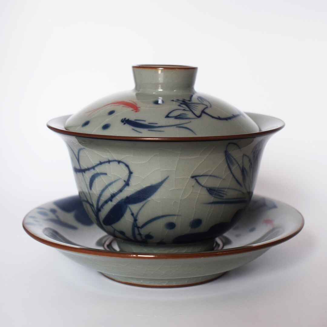 Gaiwan Teacup Hand-painted Lotus Fish Tea Cup Jingdezhen Porcelain - Etsy