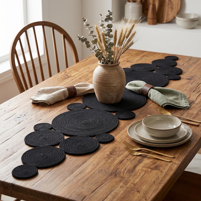 Black Cotton Table Runner, Modern Geometric Woven Centerpiece, Japandi ...