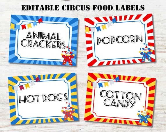 Circus Food Labels, Circus Party Decorations, Circus Food Tent Cards ...