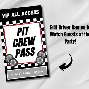 Race Car Birthday Party Pit Crew Pass: Editable VIP Name Tags (digital ...