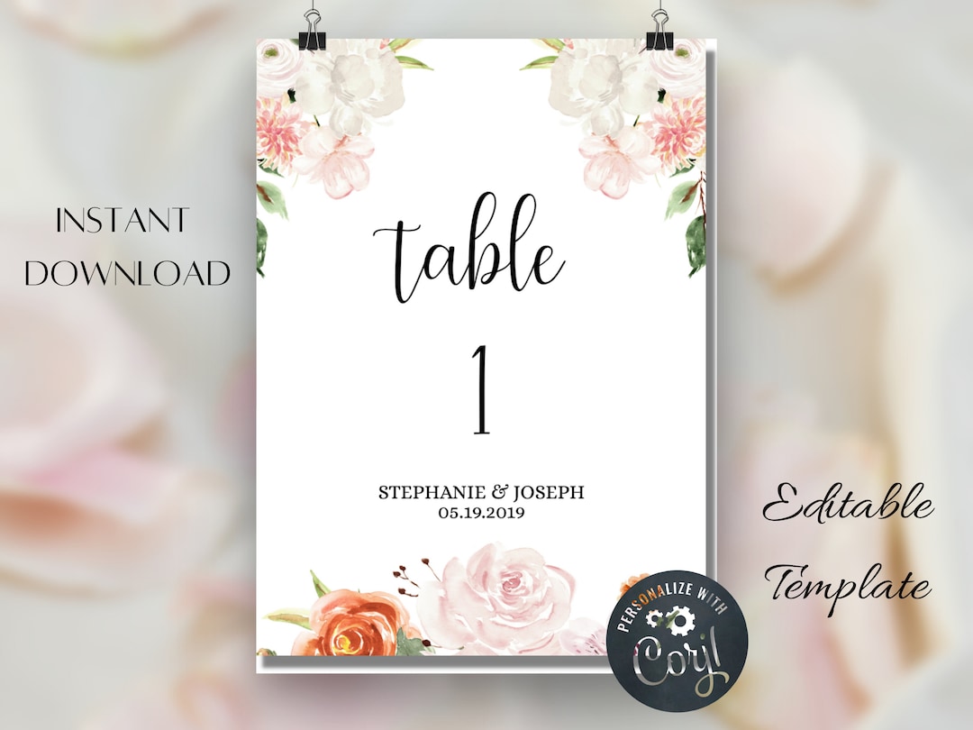 Editable Floral Table Numbers for Wedding, Lily Roses, Light Pink ...