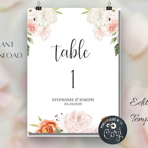 Editable Floral Table Numbers for Wedding, Lily Roses, Light Pink ...