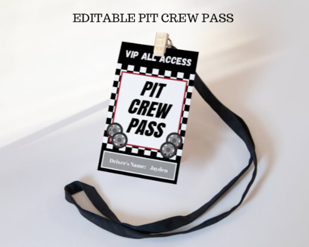 Race Car Birthday Party Pit Crew Pass: Editable VIP Name Tags (digital ...