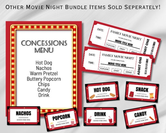 Movie Night Concession Tickets: Editable Printable (digital Download ...