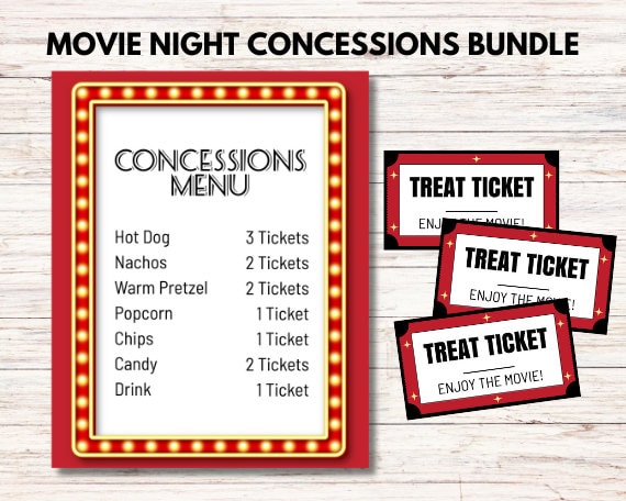 Concessions Sign and Tickets Bundle, Concessions Menu Template, Movie ...