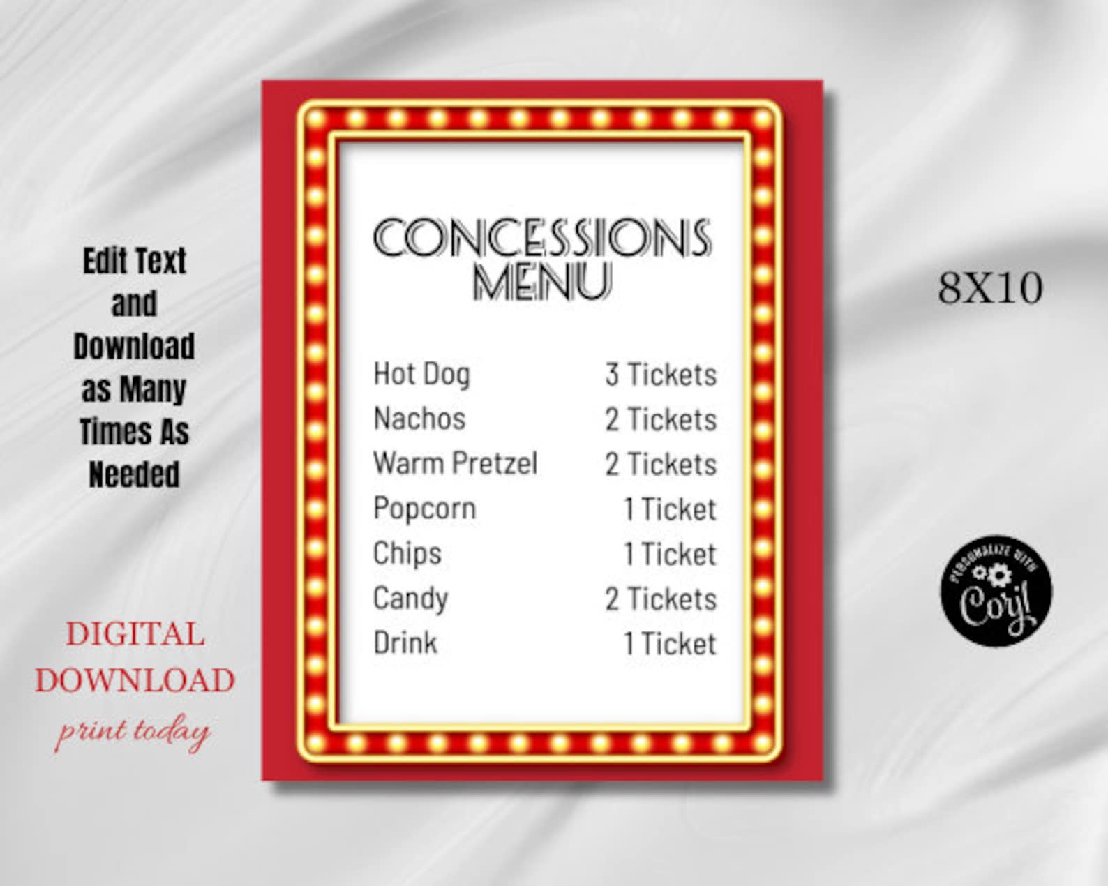 Concessions Sign and Tickets Bundle, Concessions Menu Template, Movie ...