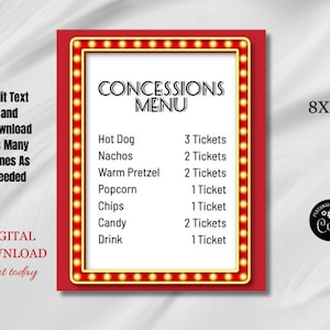 Concessions Sign and Tickets Bundle, Concessions Menu Template, Movie ...