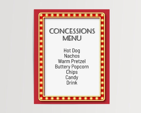 Movie Concessions Sign, Concessions Menu Template, Movie Night Birthday ...