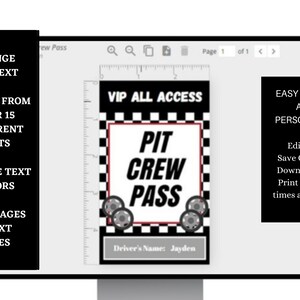 Race Car Birthday Party Pit Crew Pass: Editable VIP Name Tags (digital ...