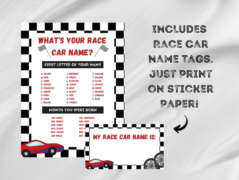 Race Car Birthday Party Game: What's Your Name Activity (digital ...