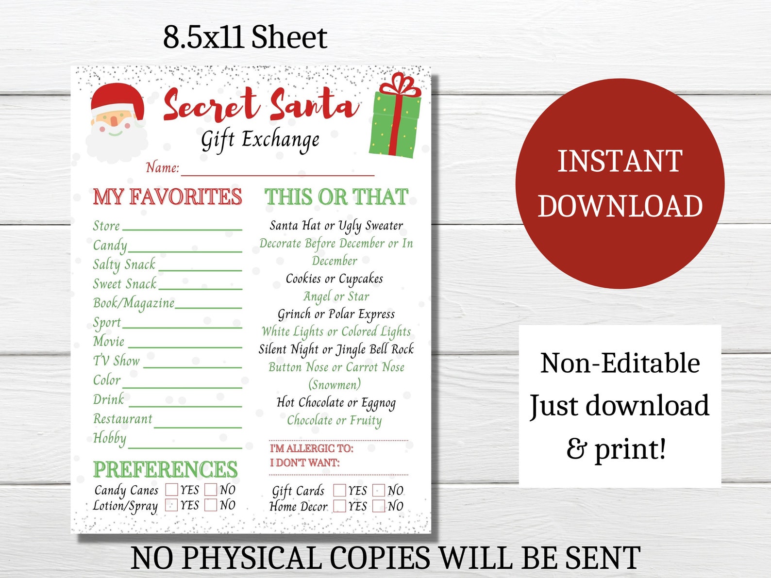 Secret Santa Questionnaire Printable Wishlist Sheet Santa | Etsy