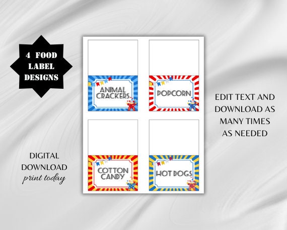 Circus Food Labels, Circus Party Decorations, Circus Food Tent Cards ...