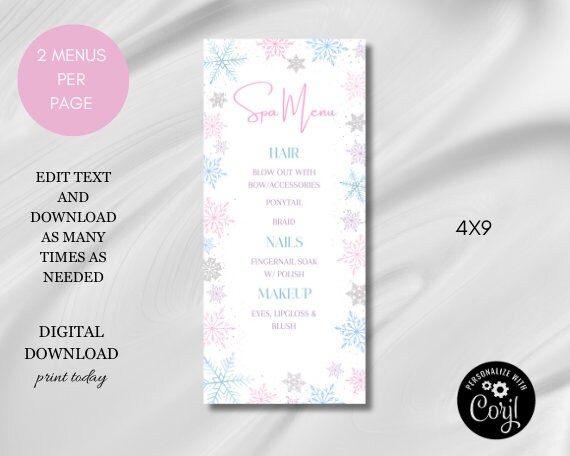 Winter Spa Party Menu, Spa Menu of Services, Winter Wonderland Spa ...