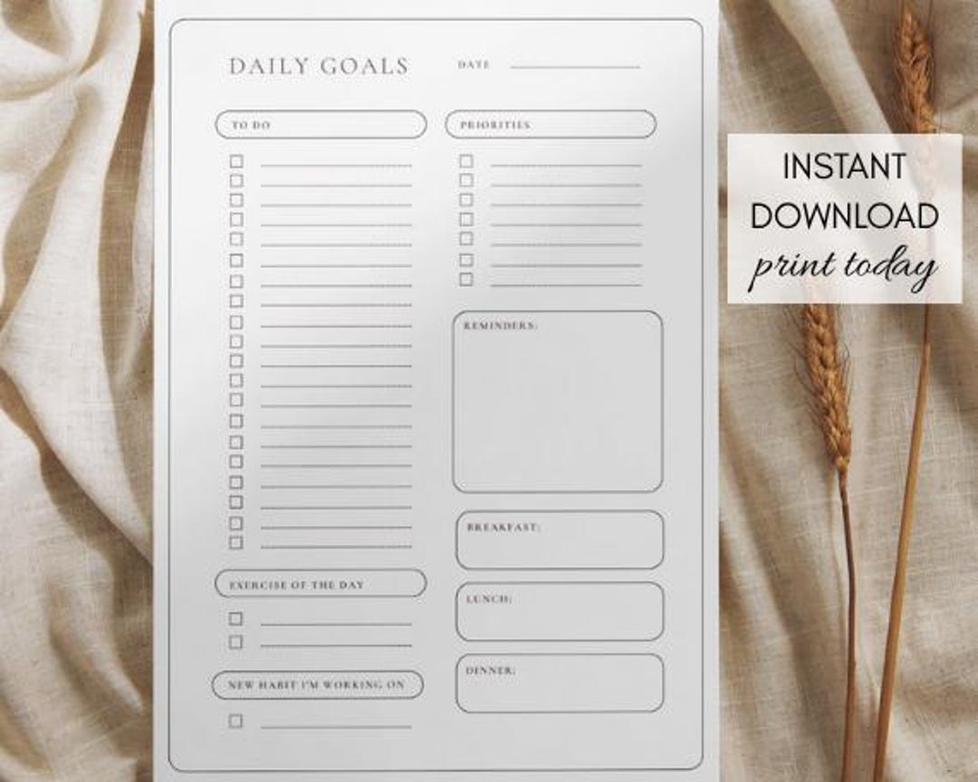 Printable Daily Goals Sheet: Minimalist Productivity Planner (instant ...