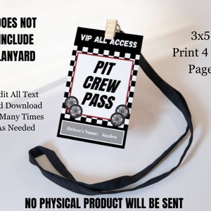 Race Car Birthday Party Pit Crew Pass: Editable VIP Name Tags (digital ...
