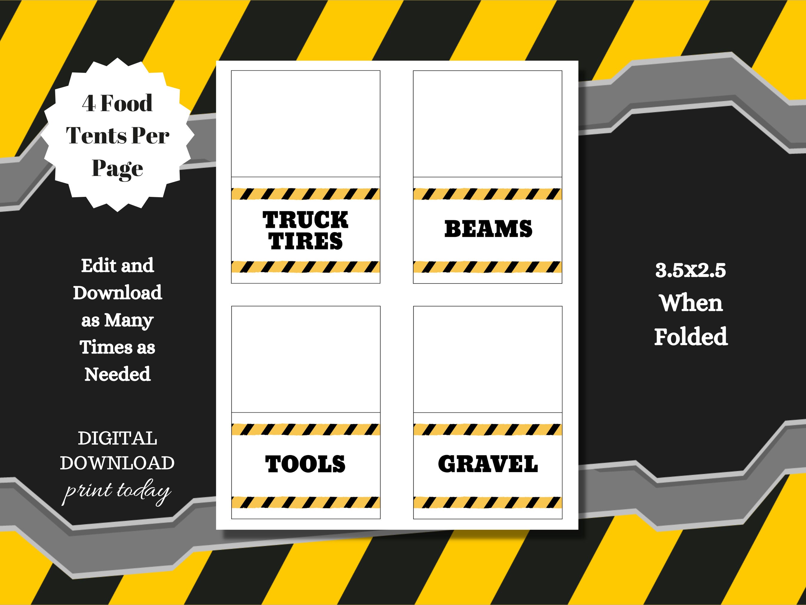 Editable Construction Food Labels, Construction Food Tents ...