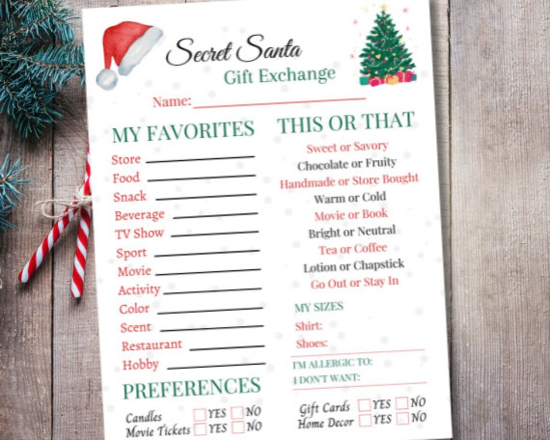Secret Santa Questionnaire Printable, Festive Staff Party Activity ...