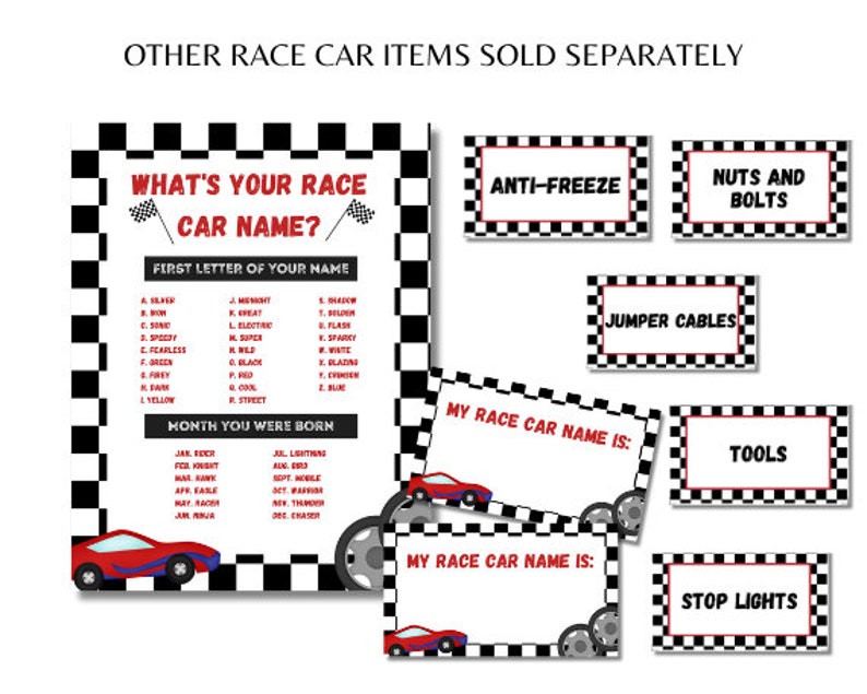 Race Car Birthday Party Game: What's Your Name Activity (digital ...