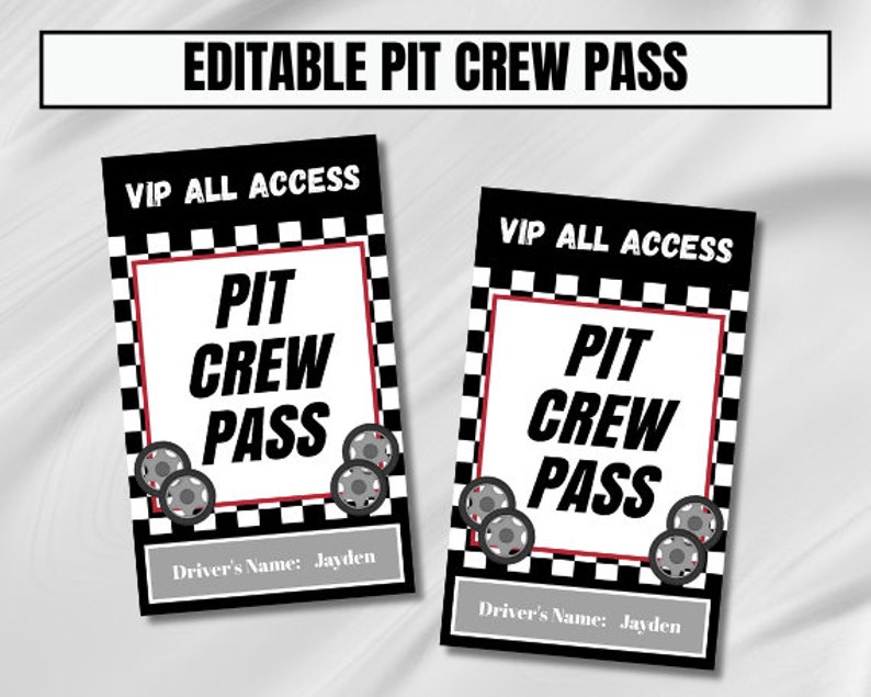 Race Car Birthday Party Pit Crew Pass: Editable VIP Name Tags (digital ...