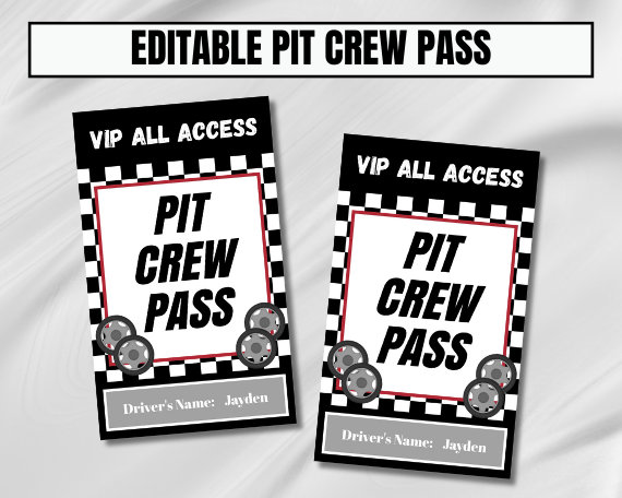 Race Car Party Pit Crew Pass, Two Fast Birthday Party, VIP Pit Crew ...