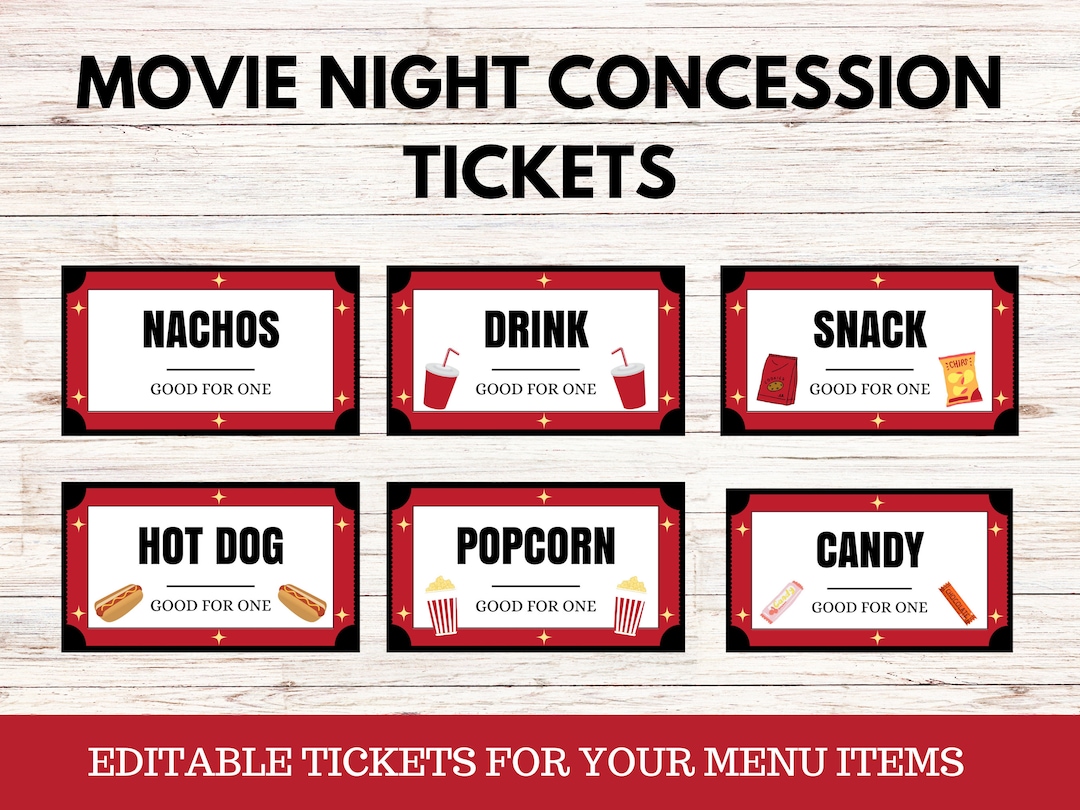 Movie Night Concession Tickets, Editable Printable, Movie Night ...