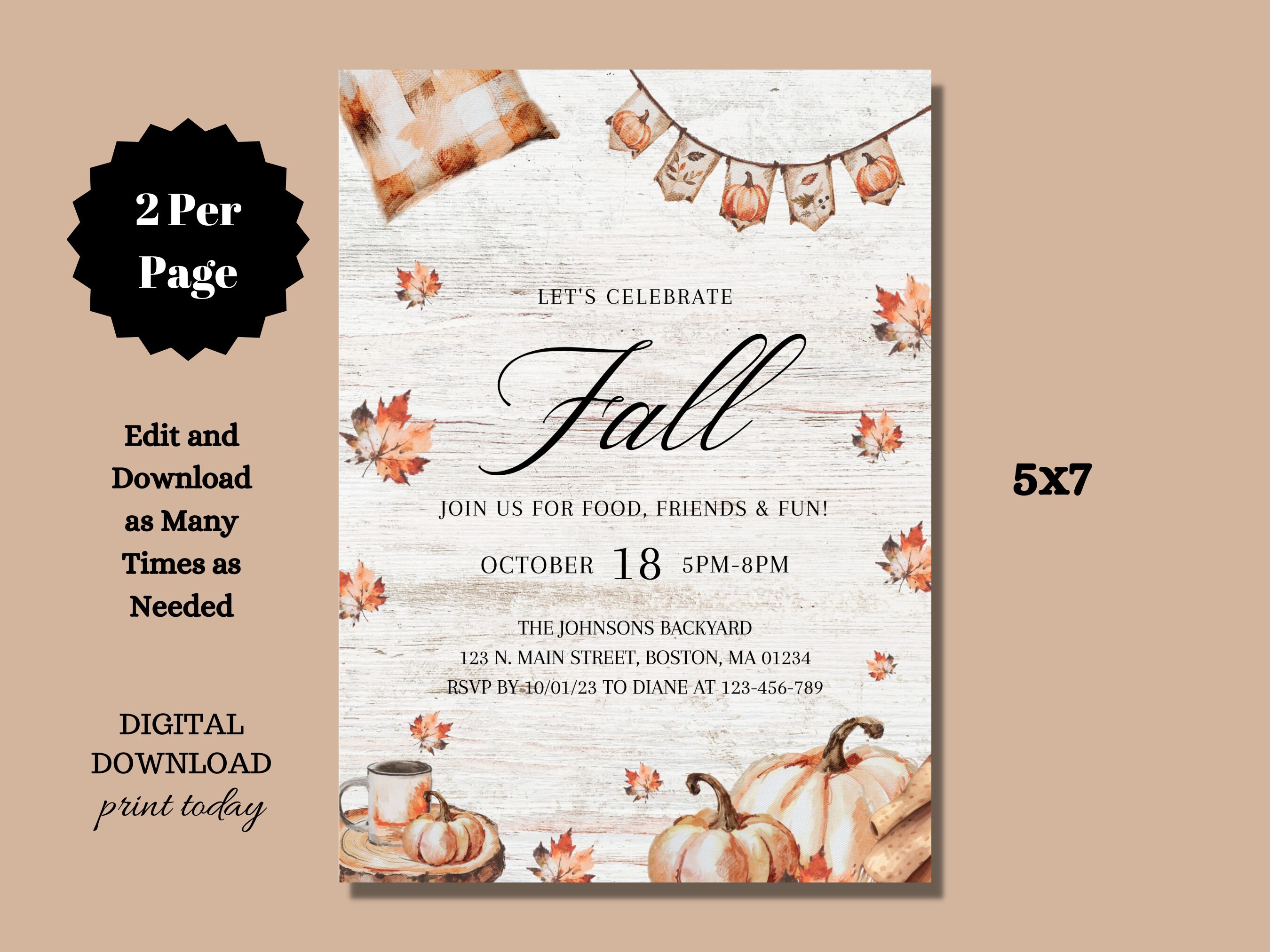 Fall Party Invitation Template, Fall Harvest Invite, Backyard Bonfire ...