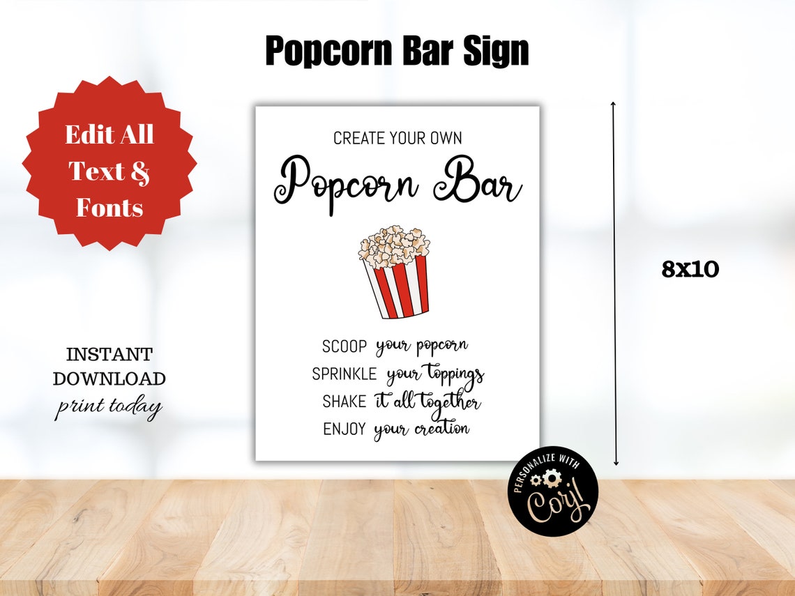 Editable Popcorn Bar Sign, Movie Night Printable (digital Download) - Etsy