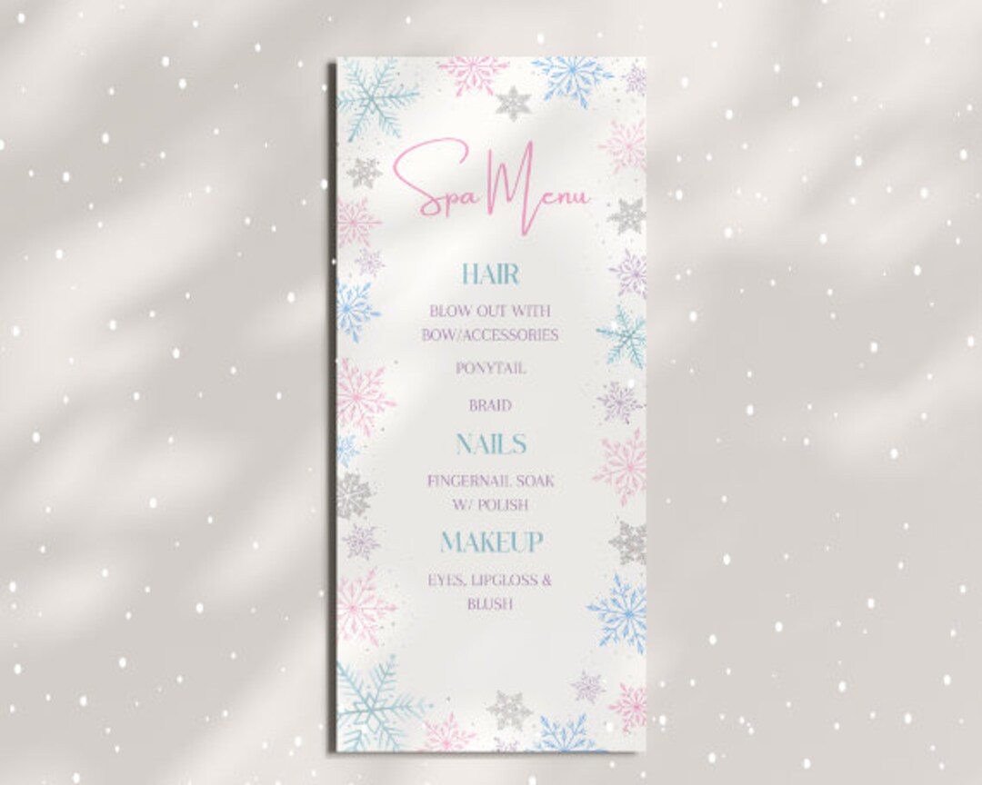 Winter Spa Party Menu, Spa Menu of Services, Winter Wonderland Spa ...