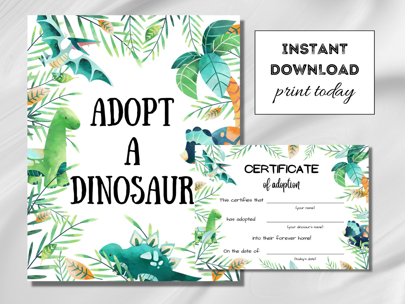 Dinosaur Adoption Certificate Adopt a Dinosaur Sign and - Etsy