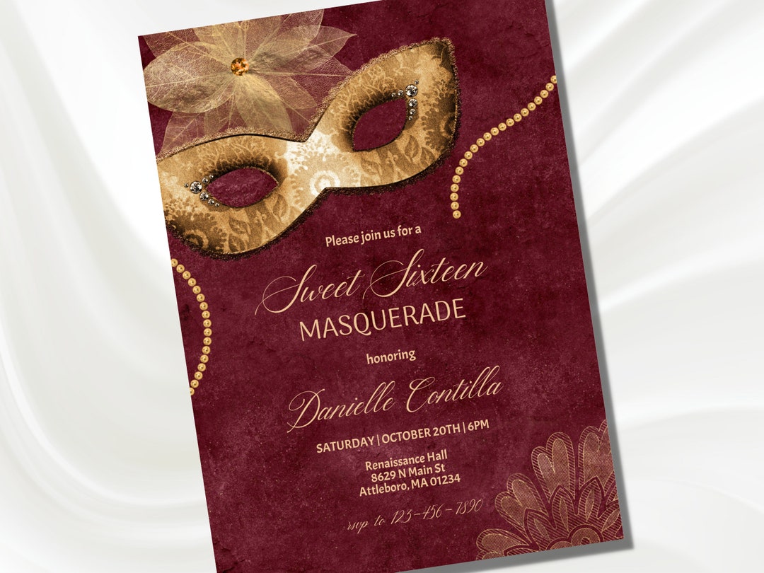 Burgundy Masquerade Ball Invitation: Elegant Masked Party, Gala ...