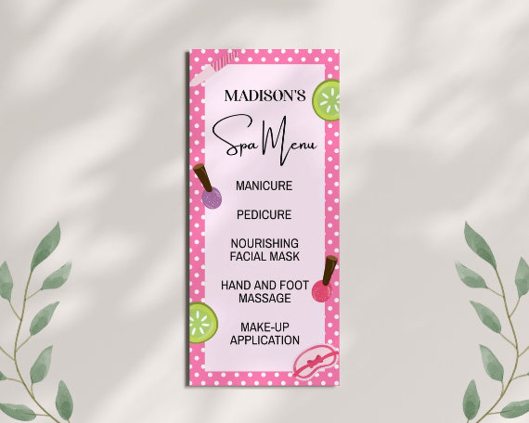 Spa Party Menu of Services, Girls Spa Birthday Party Menu, Spa Menu ...